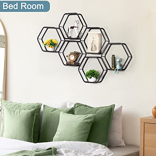 Hexagonal Floating Shelves Set of 10, Metal Hexagon Shelves for Wall, Rustic Black Hexagon Shelves, Modern Honeycomb Shelf, Octagon Shelves Wall Mounted for Bedroom Living Room Kitchen and Office