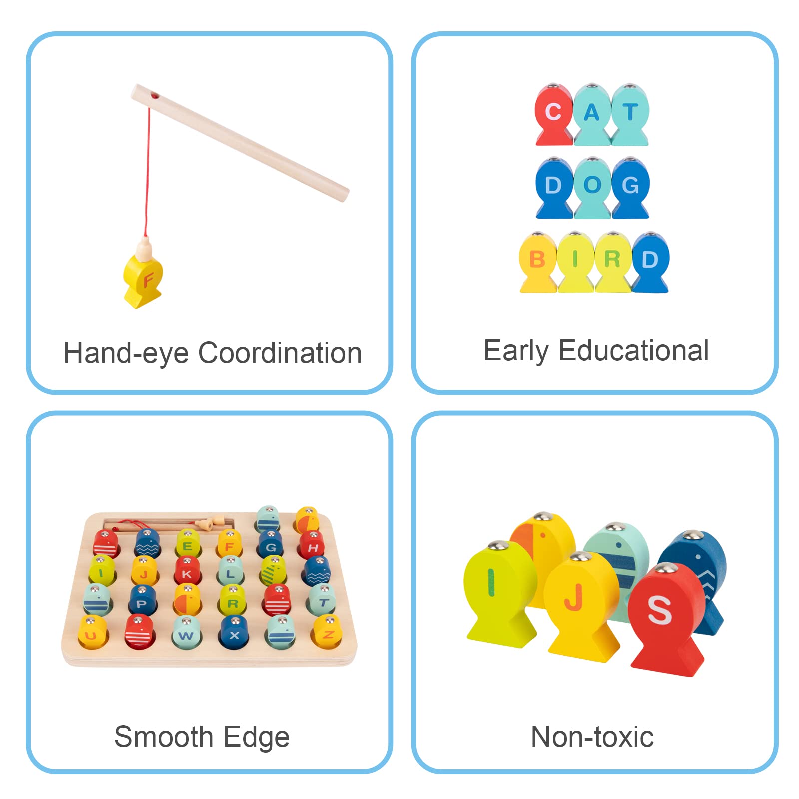 TOOKYLAND Wooden Magnetic Fishing Game - 29pcs - Alphabet and Spelling Educational Sorting Toy for Kids 3 Years Old +