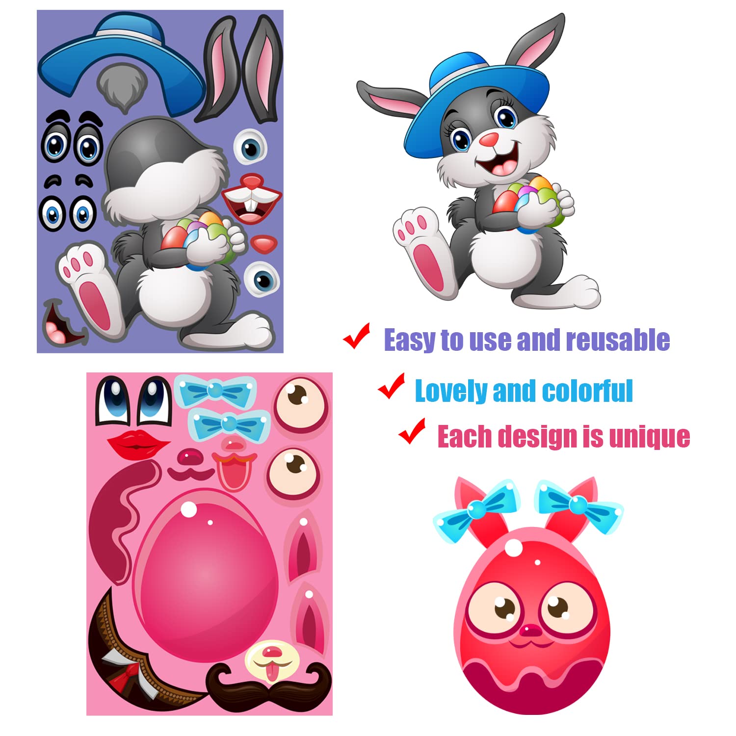 ROCWOHO 36 PCS Mix and Match Make Your Own Stickers with Easter Egg, Bunny, Chicken, Sheep, Easter Decorations Party Favor Supplies Game Birthday School Classroom Supplies DIY Art Crafts for Kids