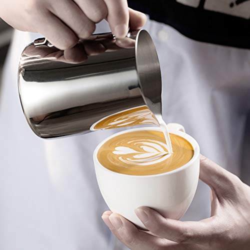CAMKYDE Stainless Steel Milk Frothing Pitcher 12 oz, Espresso Steaming Pitcher with Decorating Pen for Espresso Machines, Cappuccino, Latte Art