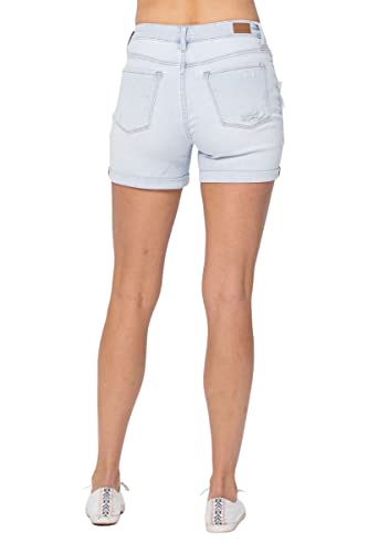 Judy Blue Women's High-Rise Cuffed Printed Lining Shorts (Light Blue, Large)