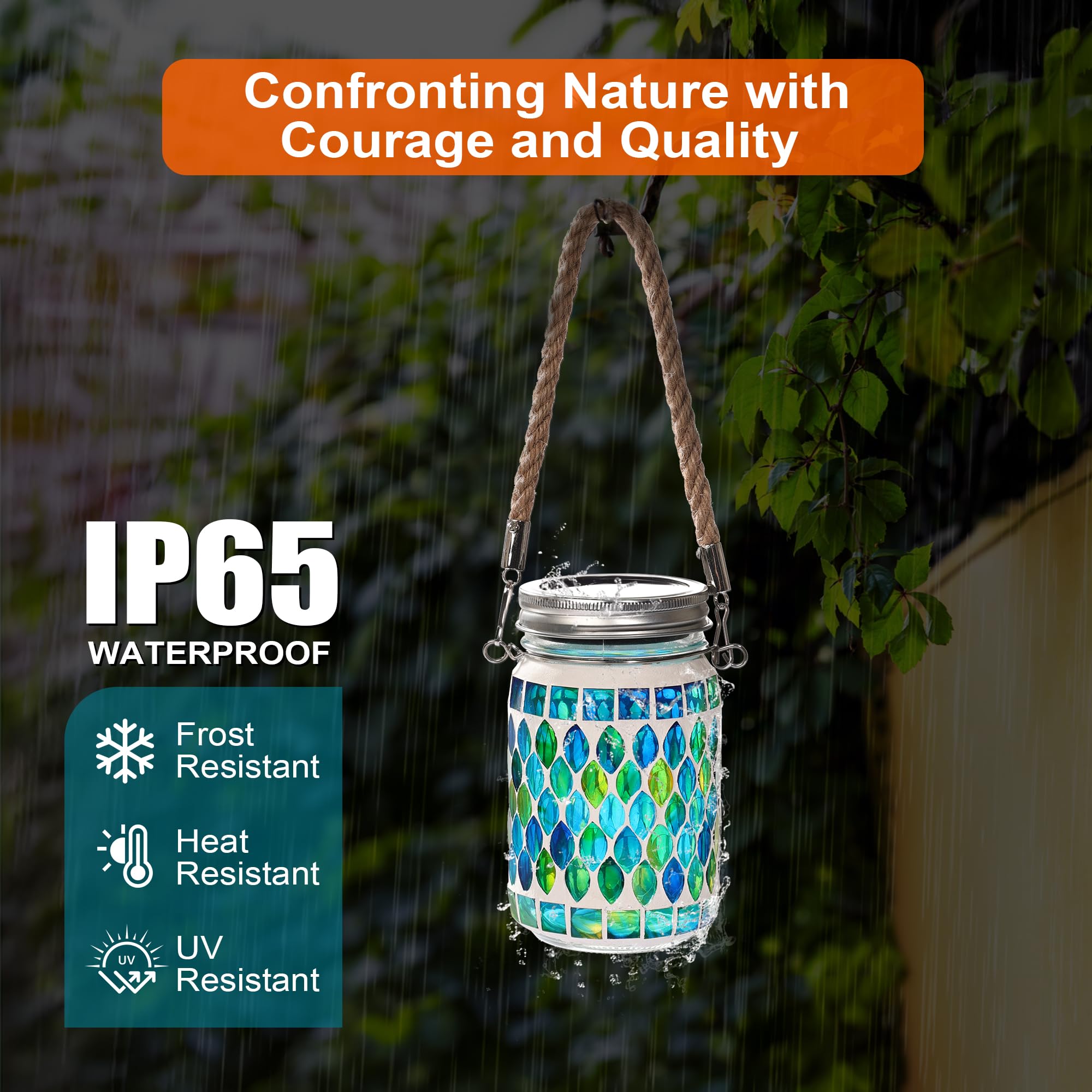 Cooo Solar Lanterns Outdoor Waterproof Jar Lights Solar Powered Table Hanging Garden Backyard Decor Lamps (Bohemian Bule Mosaic, 2)