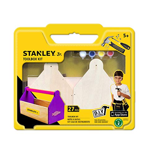 Stanley Jr. STANLEY Jr DIY Toolbox Kit for Kids - Easy to Assemble Wood Craft Toolbox - Build A Tool Box for Kids - Paint - Brushes Included