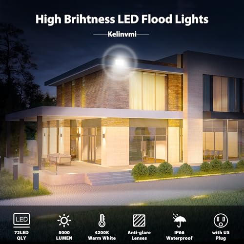 kelinvmi LED Flood Lights Outdoor 50W, Outdoor Security Light 5000lm High Brightness with Plug, 4200K Work Light with IP66 Outdoor Floodlights for Garage, Porch, Backyard, Playground