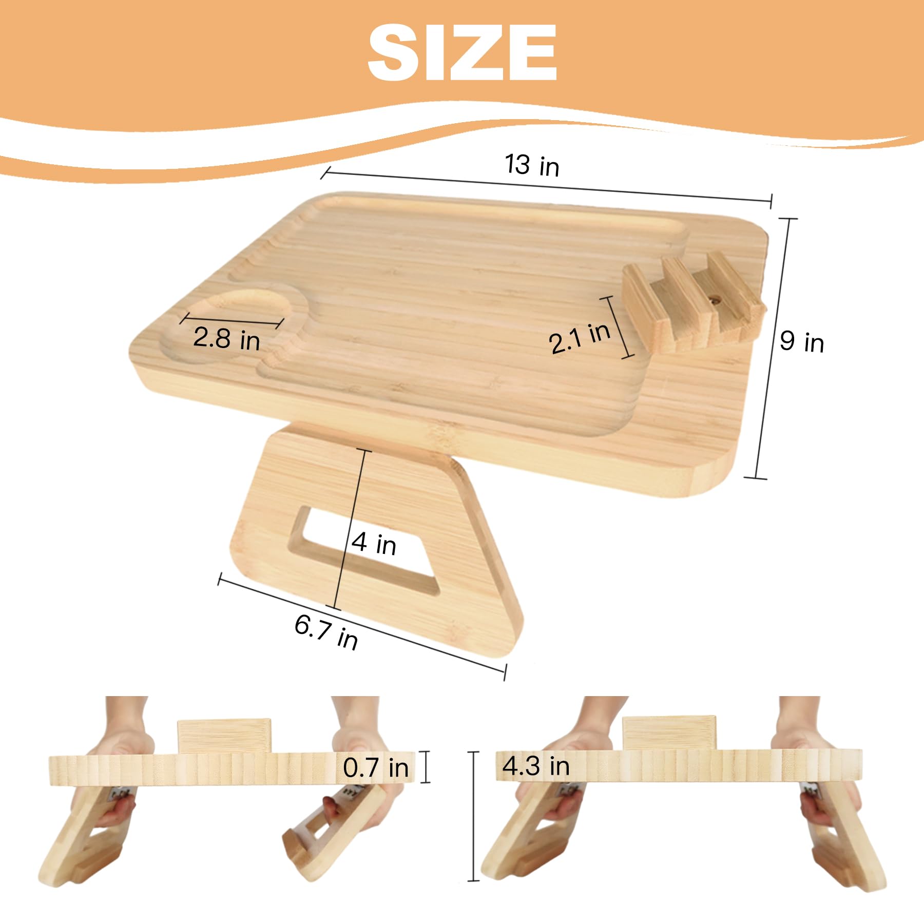 Batteo Sofa Arm Tray with 360° Rotating Phone Holder, Bamboo TV Tray and Armrest Tray, Folding Couch Arm Table, Side Table and Couch Slip with Cup Holder for Eating and Drinks, 9"x13"