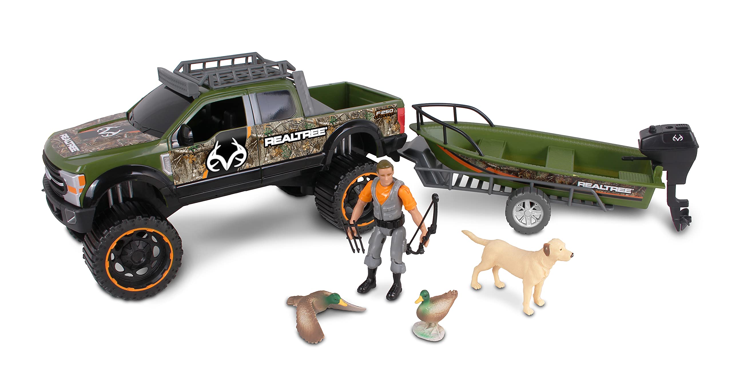 NKOK Realtree Camo 1/18 Scale Free-Wheel Playset 11-PC, Ford F-250 Super Duty w/Fishing Boat & Trailer & Accessories: Roof Rack, Light Bar, Working Doors & Tailgate, Hunter, Dog, 2 Ducks, Bow&Arrows