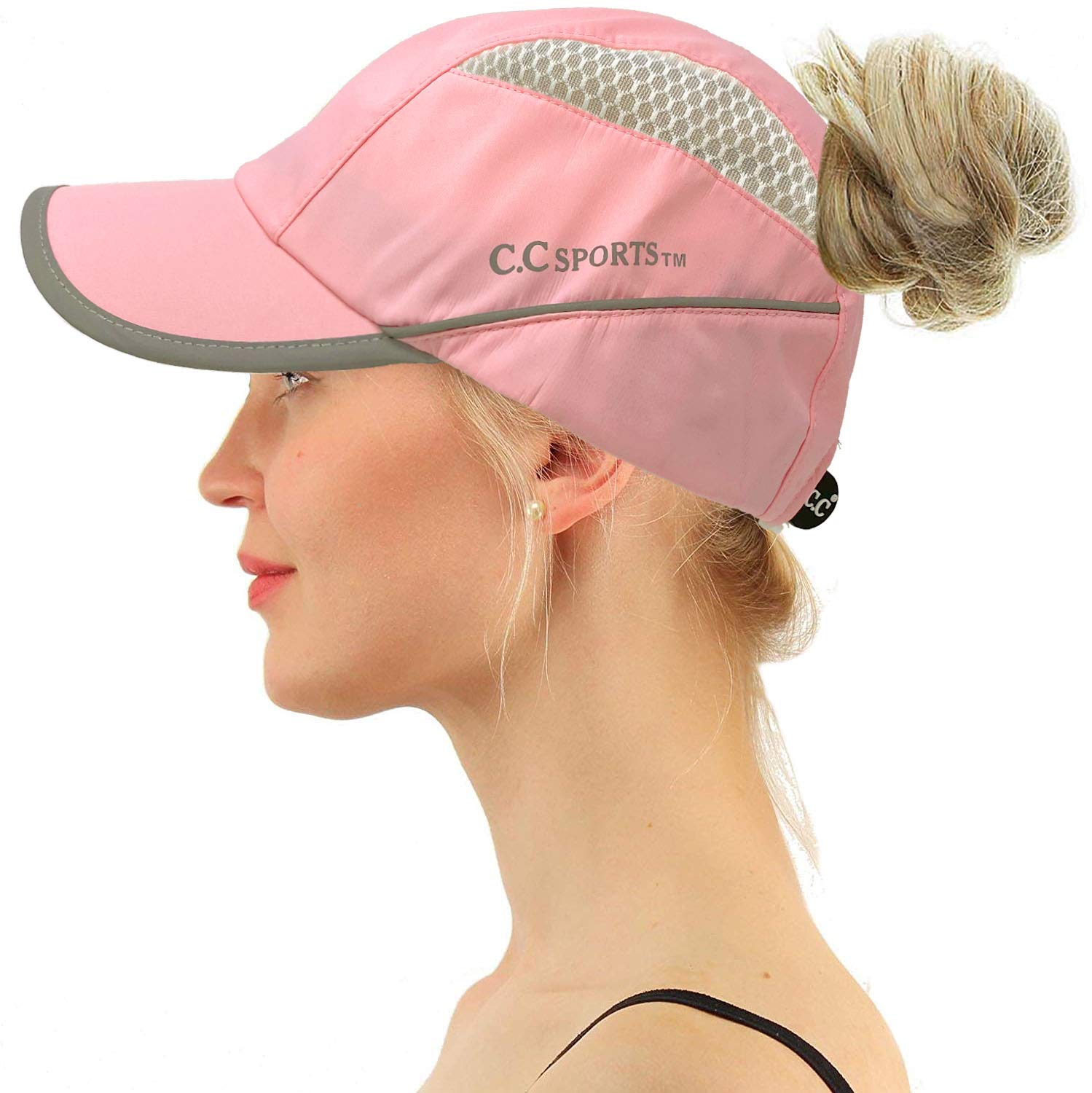 C.C Sports Active Ponytail Messy Buns Ponycaps Baseball Visor Cap Dad Hat (Pink/White)