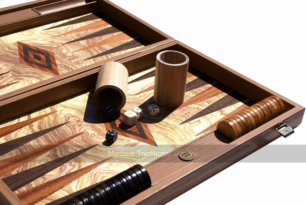 Manopoulos Luxury Olive Burl 15-inch Backgammon Set with Side Storage and Accessories