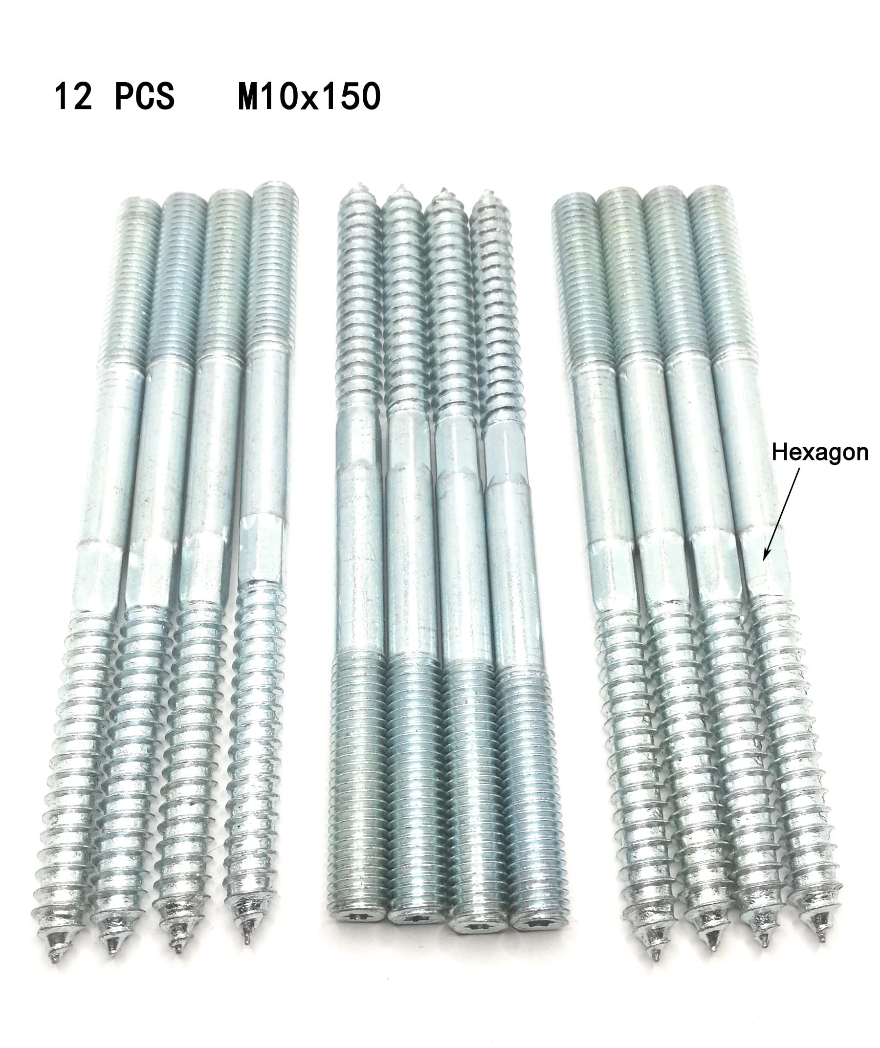 Haozheng Hanger Bolt M10x150 Silvery Double Headed Bolt Self-Tapping Screw with Hexagon for Furniture 12Pcs