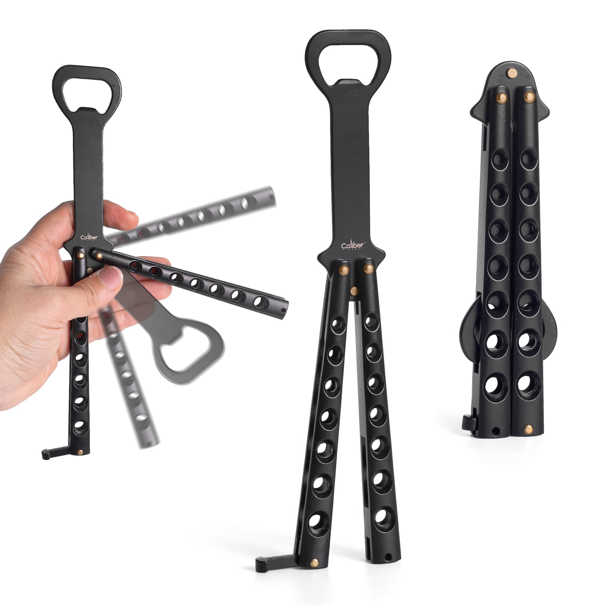 Caliber Gourmet CBG-1021-BK Butterfly Knife Style Multitool Butterfly Bottle Opener and Beer Opener Bartender Supplies, Black
