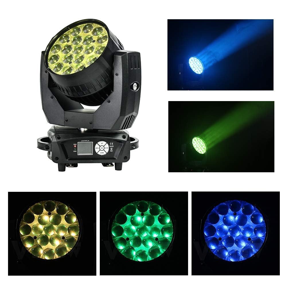 VShow 19x15W RGBW 4IN1 Aura Zoom Wash Moving Head Light with Backlight Led- LED Beam Zoom Moving Lights, Stage Led Moving Head Lighting for Dj Disco and Party (Black)