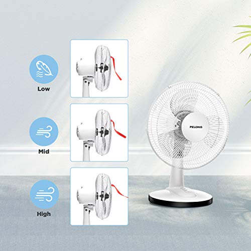 PELONIS FT30-15H Portable 3-Speed 12-Inch Oscillating Table Air Circulation Fan, White, 15 Inch TableFan