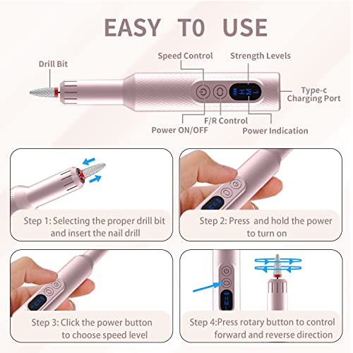 Ftrule Cordless Electric Nail Drill, Portable Professional Rechargeable Efile Nail File Machine with Nail Drill Bits, Sanding Bands for Acrylic Gel Nails, Manicure Pedicure Polishing, Pink