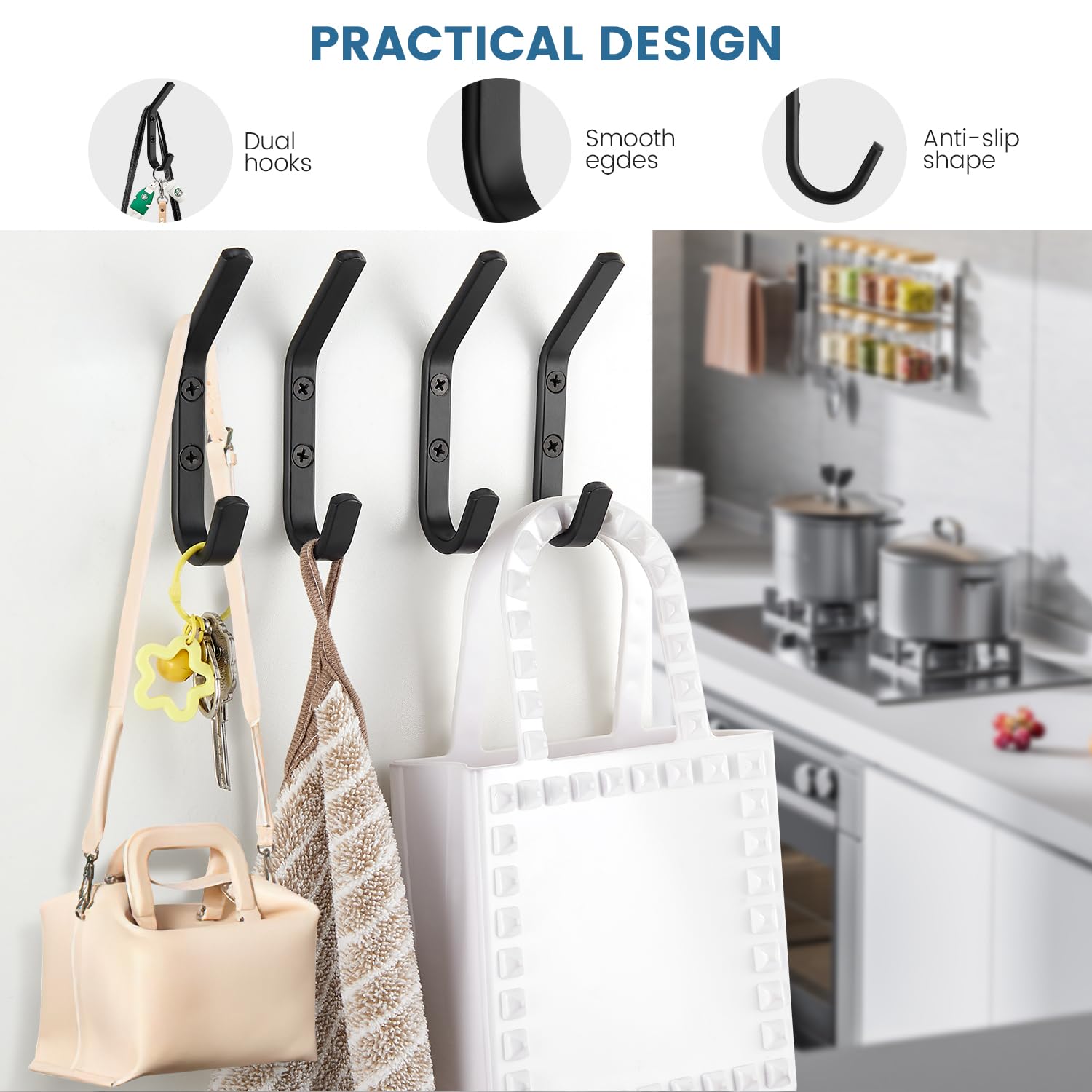 Coat Rack Hooks Wall Mounted,5 Packs Large Wall Hooks, Bath Towel Rope Hooks for Kitchen, Door, Cabinet, Bathroom, Foyers, Hallways.Heavy Duty Hanger for Purse, Rack for Closet and Door Wall Mounted