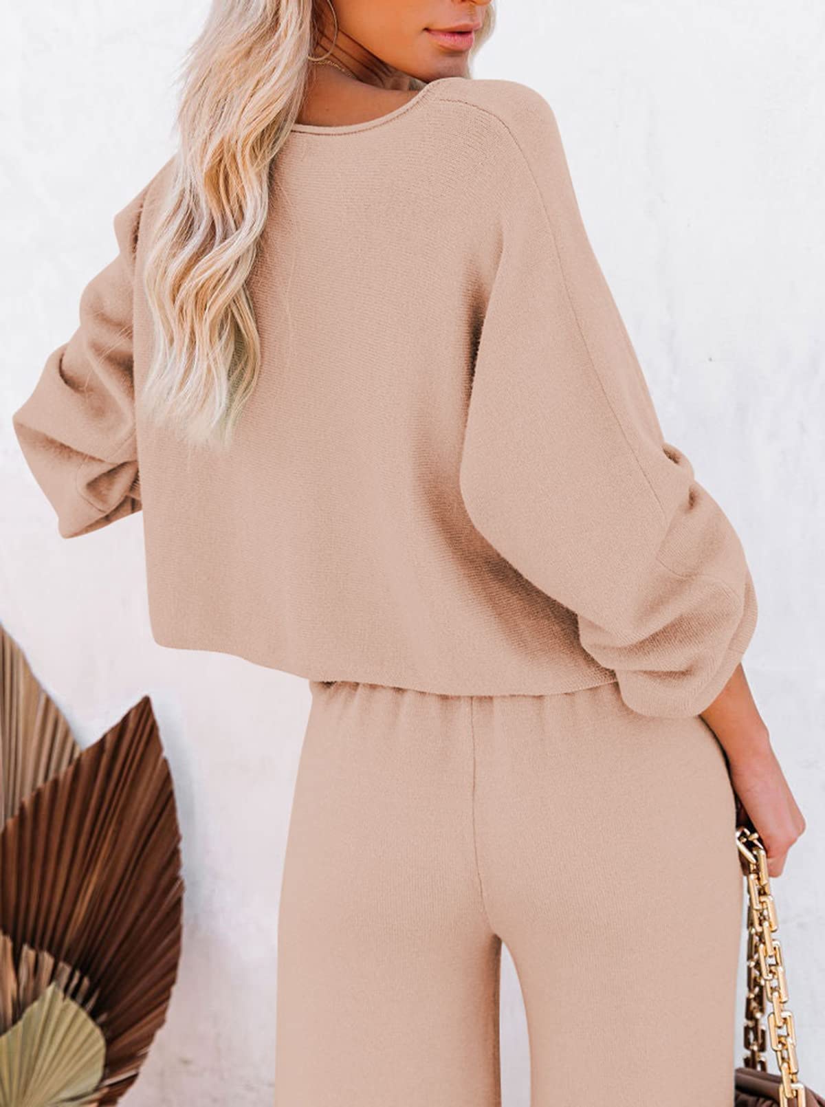 Ceuplon Women’s Two Piece Outfits Long Sleeve Knit Top Wide Leg Pants Sweatsuit Loungewear Sweater Set Beige M