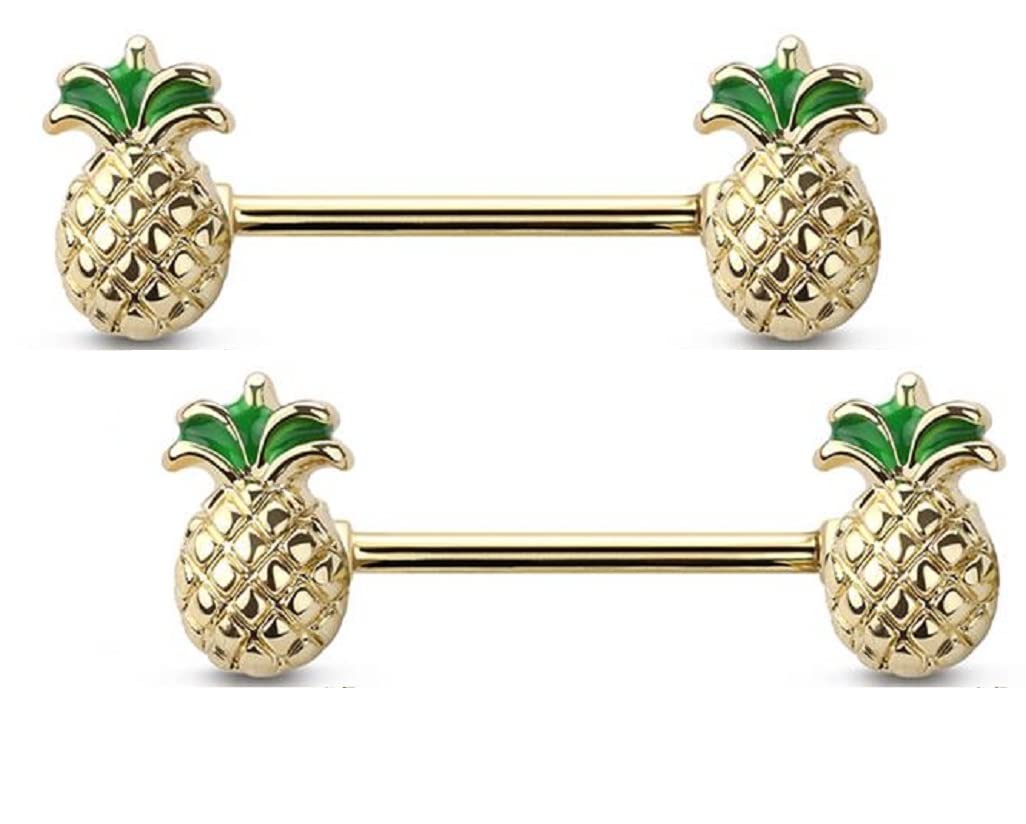 Body Accentz 14g Golden Pineapple Ends Nipple Ring Nipple Bar 1.6mm Nipple Piercing Barbell