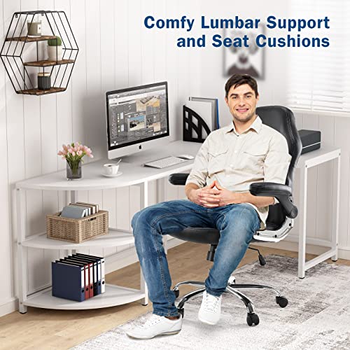 Ergonomic Gaming Chair - Mid Back PU Leather Home Office Desk Chairs, Flip Up Armrest Computer Task Chair with Lumbar Support Wheels, Rocking, and Swivel, Red