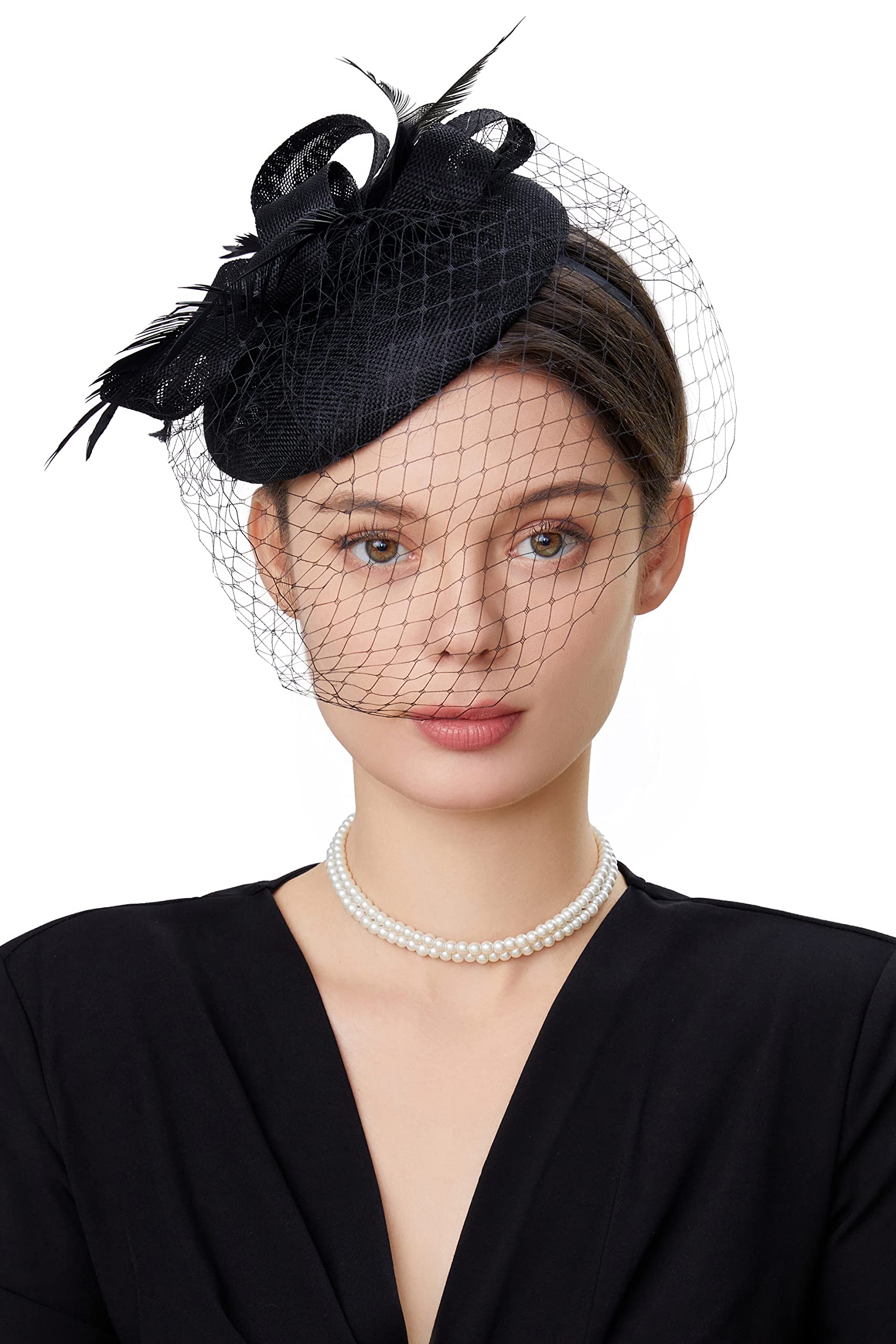 BABEYOND Fascinator Hat Veil Feather Fascinators Hair Clip Tea Party Pillbox Derby Hat Fascinator Bridal Wedding Veil Black