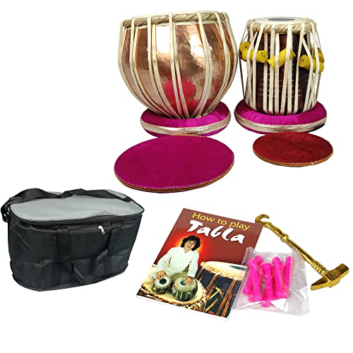 Copper Concert Tabla Drum Set, Lacquer Polish Copper Bayan, Maharaja, Finest Dayan with Padded Bag, Hammer, Cushions & Cover