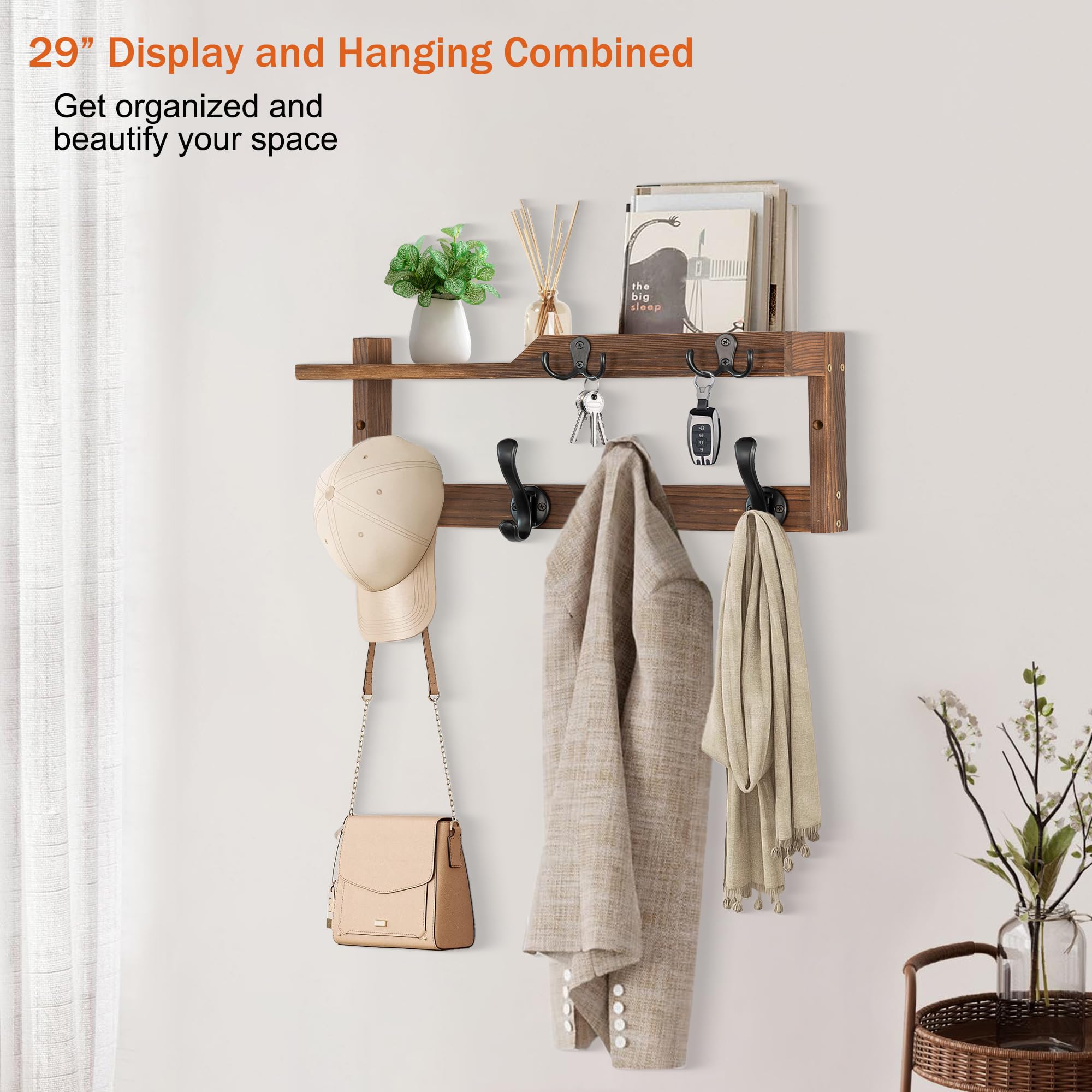 Coat Rack Wall Mount with Shelf, Coat Hanger Wall Mount with Key Hooks and Mail Holder, Wood Entryway Wall Floating Shelf with Hooks and Storage, Hat Rack for Wall Key Holder Mail Organizer