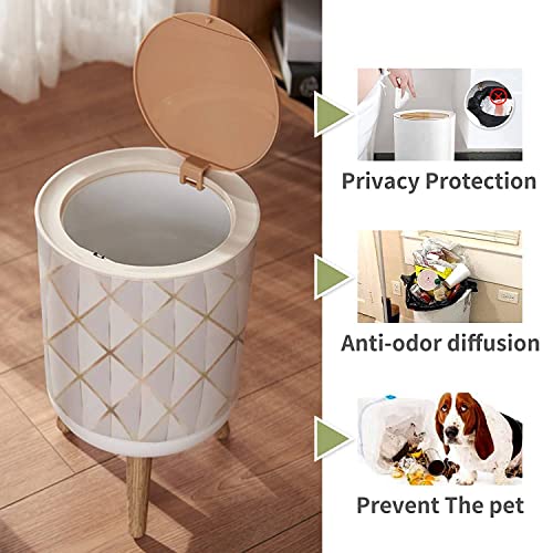 IBPNKFAZ89 Small Trash Can with Lid Geometric Gold Glitter 3D Rhombus Tile Seamless Garbage Bin Wood Waste Bin Press Cover Round Wastebasket for Bathroom Bedroom Diaper Office Kitchen