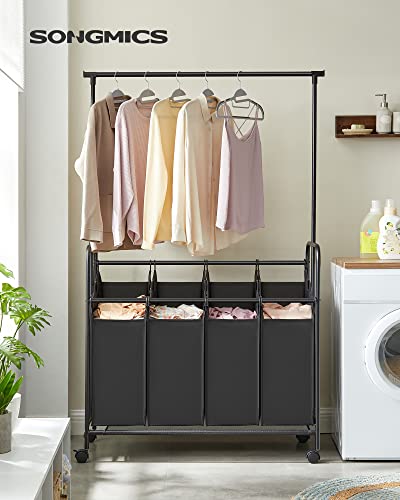 SONGMICS 4-Section Laundry Sorter, Rolling Laundry Cart with Hanging Bar, Laundry Organizer, Hampers for Laundry, Heavy-Duty, Lockable Wheels, 4 x 13.2 Gal., Black URLS44B