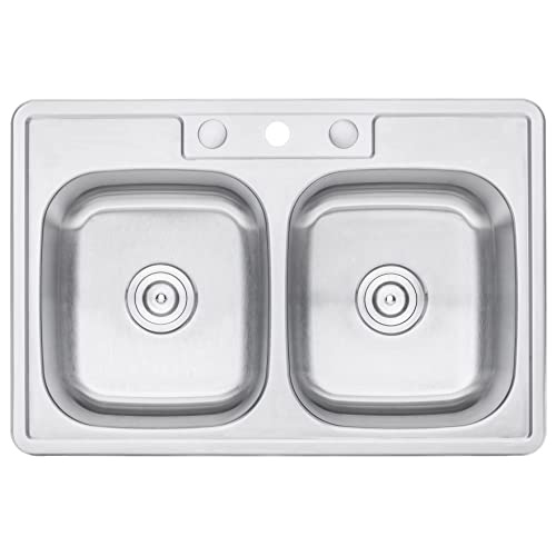 CozyBlock 33 x 22 x 9 Inch 50/50 Top-mount/Drop-in Stainless Steel Double Bowl Kitchen Sink with Strainer - 18 Gauge Stainless Steel-3 Faucet Hole