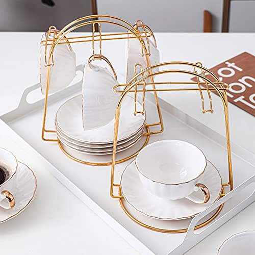 IKASEFU Gold Coffee Cup Holder, Dish and Cup Display Stand Mug Rack Holder Metal Cup Holder Coffee Cup Hanger Rack Tableware Storage Rack Tea Set Cup Hanger Rack for Home Kitchen Desktop (Only Rack)