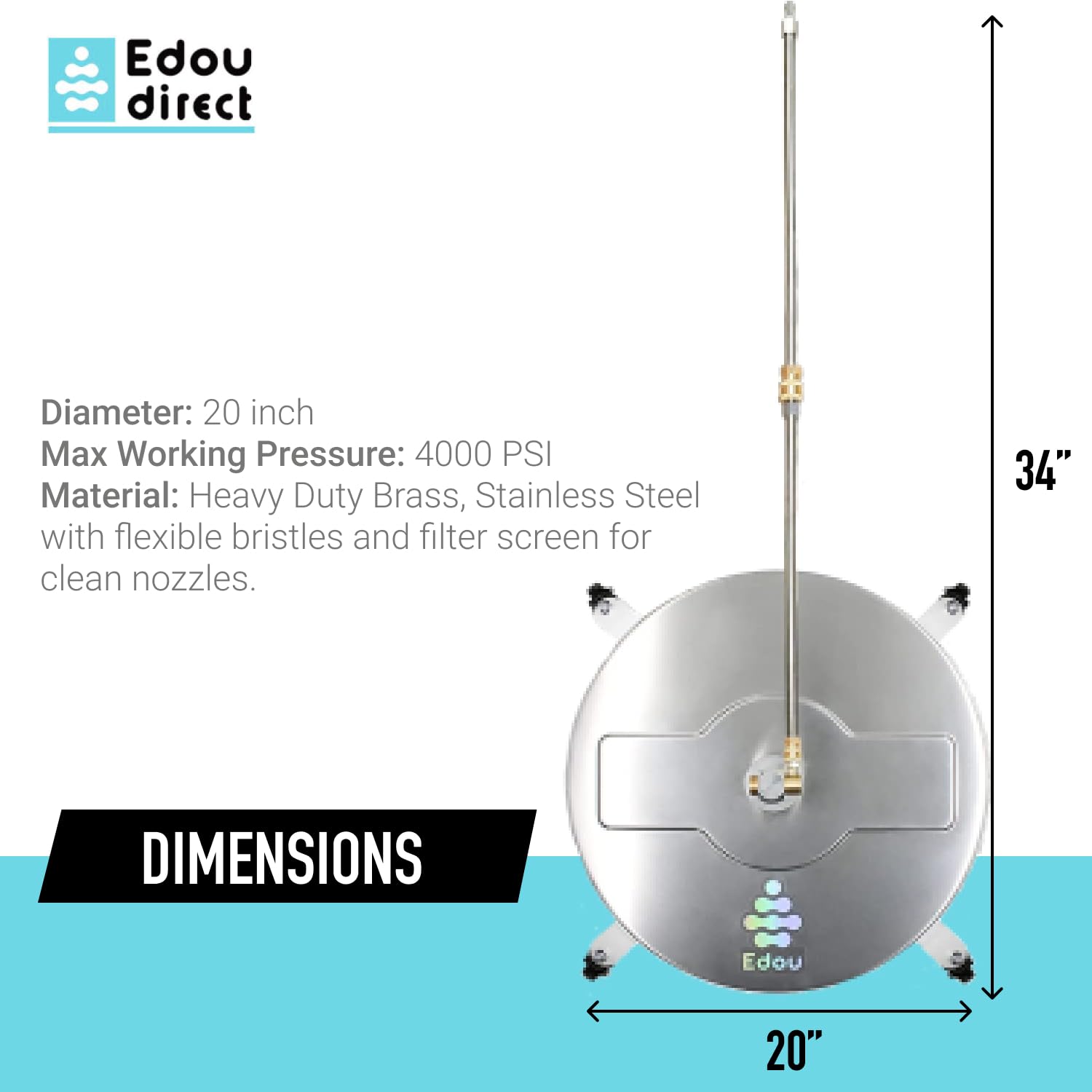 EDOU Direct Pressure Washer Surface Cleaner 20" with Wheels | Stainless Steel | Heavy Duty | 4,000 PSI Max Working Pressure | Includes: 2 Pressure Washer Extension Wand Attachments