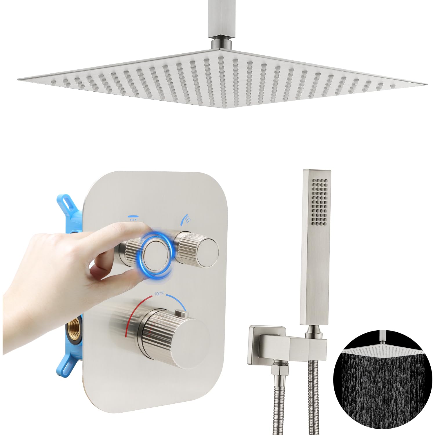 Backnets Shower System 12 inch Ceiling Mount Shower Faucet Set High Pressure Shower Head System with 4pcs Adjustable Body Sprays,Bathroom Shower Fixtures Rain Mixer Shower Combo(Brushed Nickel)