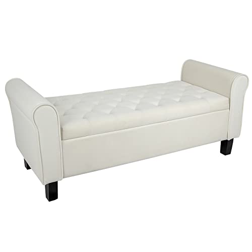 Babion Storage Bench End of Bed, Velvet Ottoman Bench with Storage and Arms, Upholstered Fabric Storage Ottoman Bench with Button Tufted, Storage Bench for Bedroom Living Room(White)