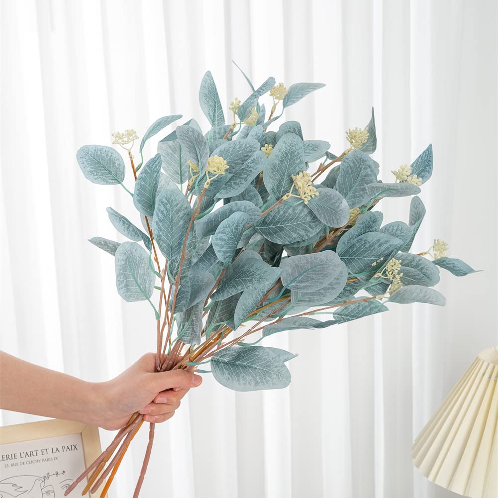 RUJIU 6 Pieces/lot Artificial Plants Fake Eucalyptus Leaves of Bouquet for Bride Home Table Garden Decoration (Light Blue)