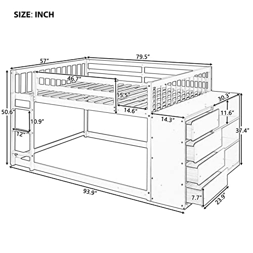 Full Over Full Bunk Bed with Storage Drawers and Shelves Wood Floor Bunk Beds with Cabinet for Kids Girls Boys, Teens, Adults, White