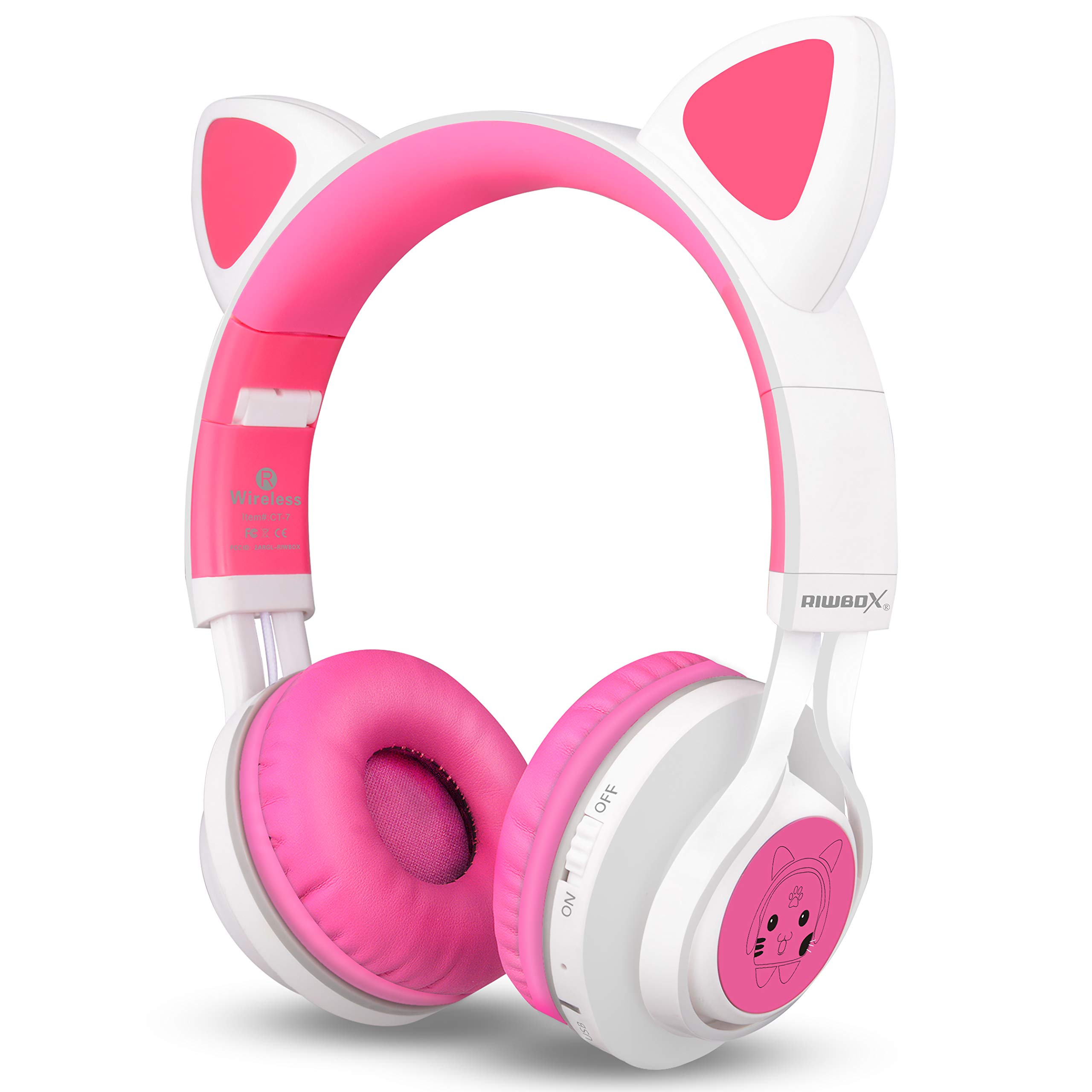 Riwbox CT-7 Cat Ear Bluetooth Headphones, LED Light Up Bluetooth Wireless Over Ear Headphones with Microphone and Volume Control for Travel/School/Smartphones/Laptop/PC/TV