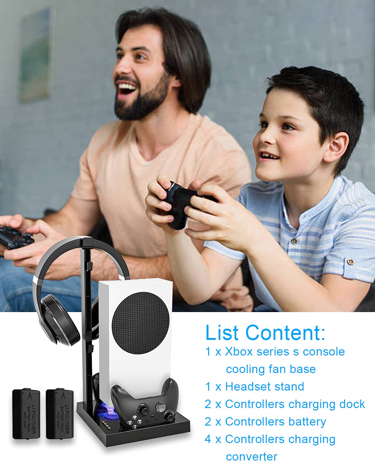 Joso Cooling Fan Vertical Stand for Xbox Series S, with Dual Controller Charging Station, Headset Stand, 1400mAh Rechargeable Battery Pack - Black
