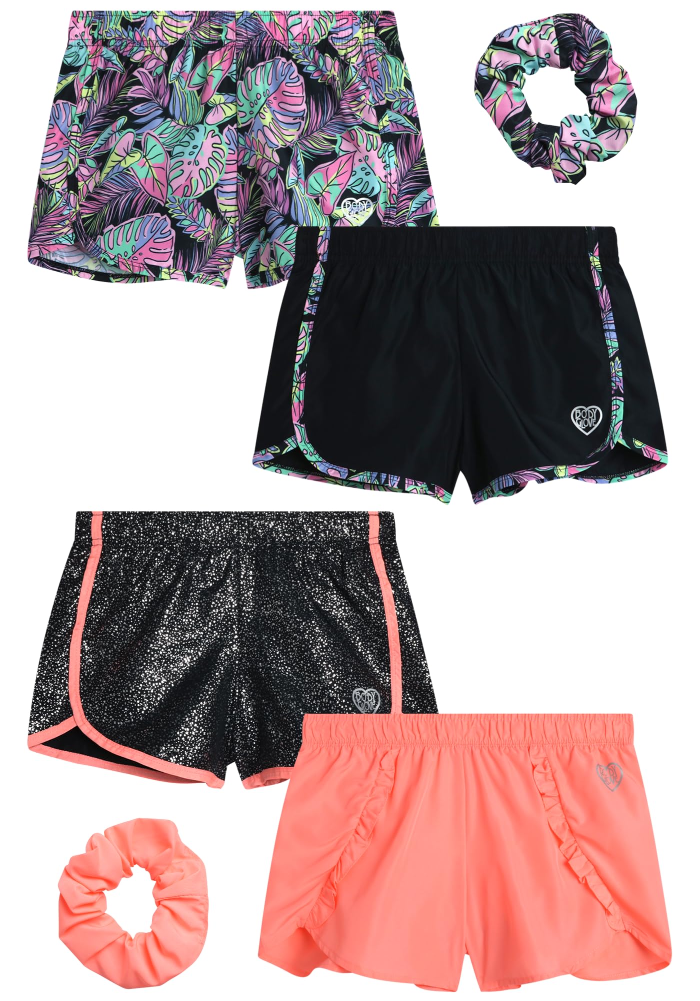 Body Glove Girls Shorts 4 Pack Athletic Performance Dry Fit Dolphin Gym Shorts, Scrunchie (7-12), Size 8, Tie DyeBlackCharcoal