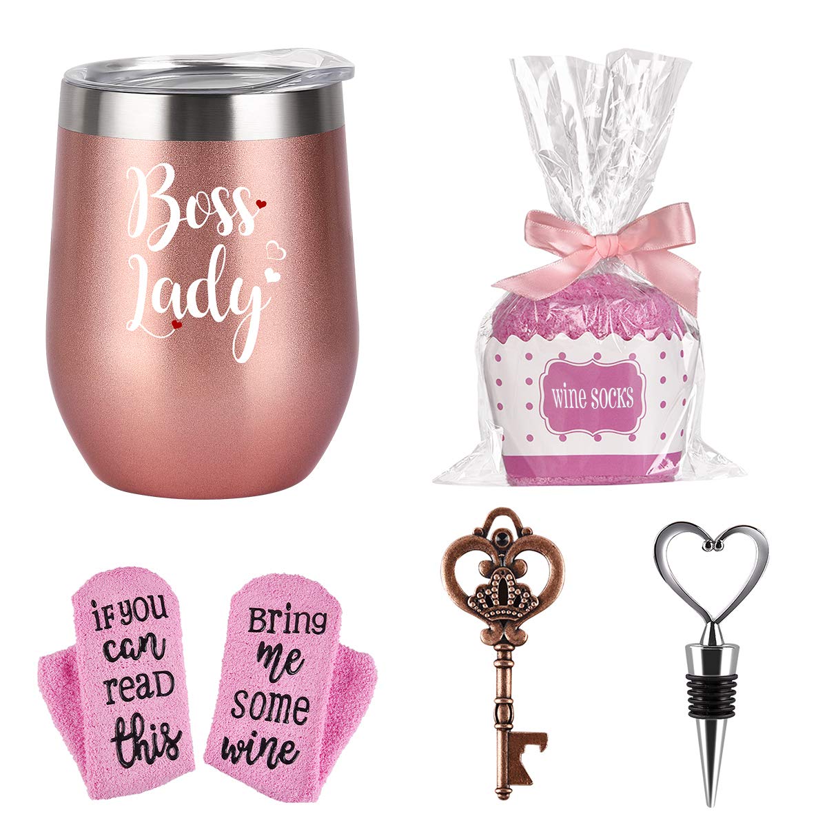 Boss Lady Wine Tumbler Cupcake Wine Socks Set, Bosses Day Christmas Gifts for Women Boss Female Friends Mom, 12 Oz Insulated Stainless Steel WineTumbler with Lid, Socks, Opener, Stopper, Rose Gold