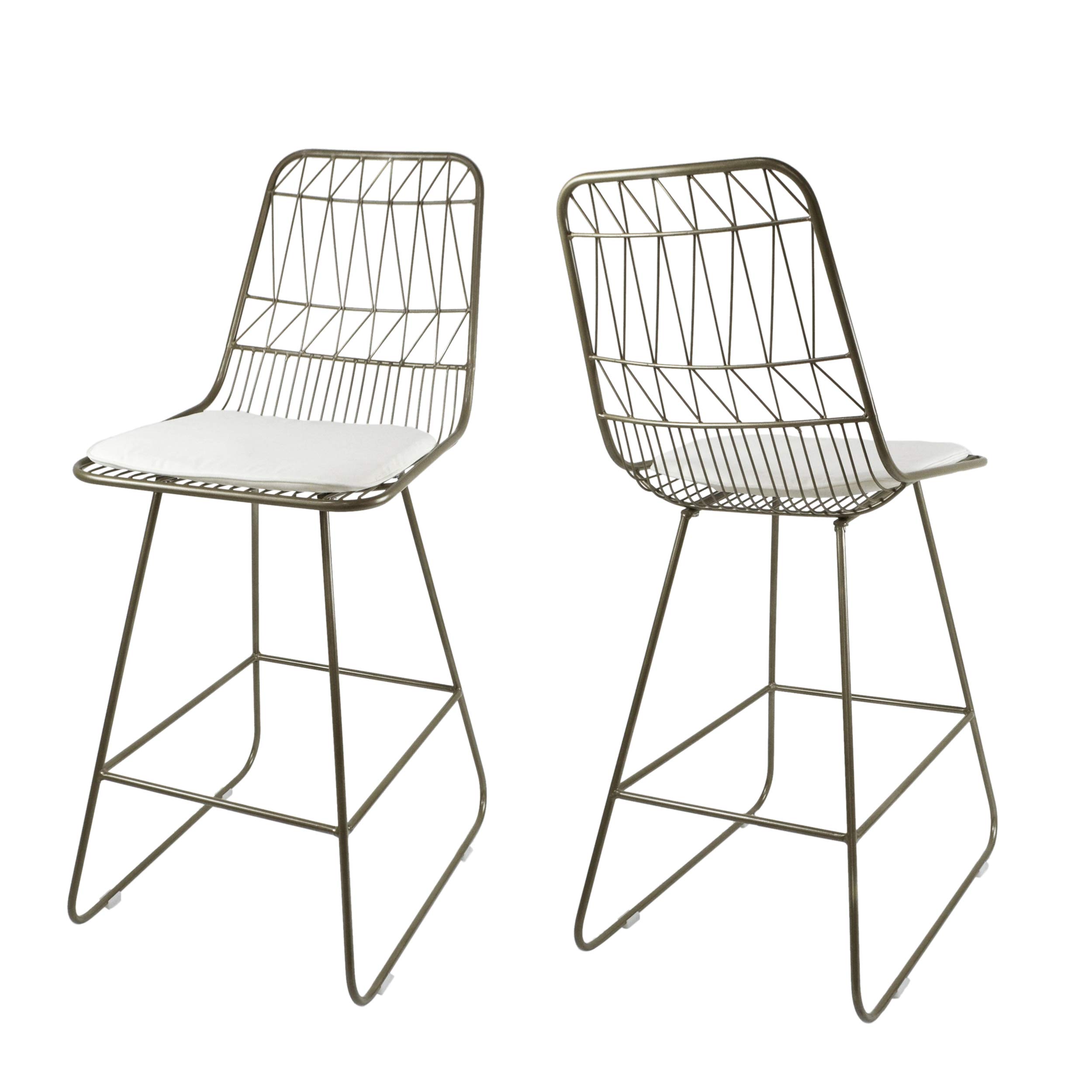 GDFStudio Outdoor Counter Stools, 26" Seats, Modern, Geometric, Light Brass Iron Frames with Ivory Cushion (Set of 2)