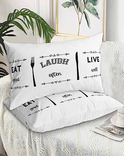 Edwiinsa Black Knife and Fork Eat Laugh Live Pillow Covers Standard Size Set of 2 20x26 Bed Pillow, Rustic White Plush Soft Comfort for Hair/Skin Cooling Pillowcases with Envelop Closure