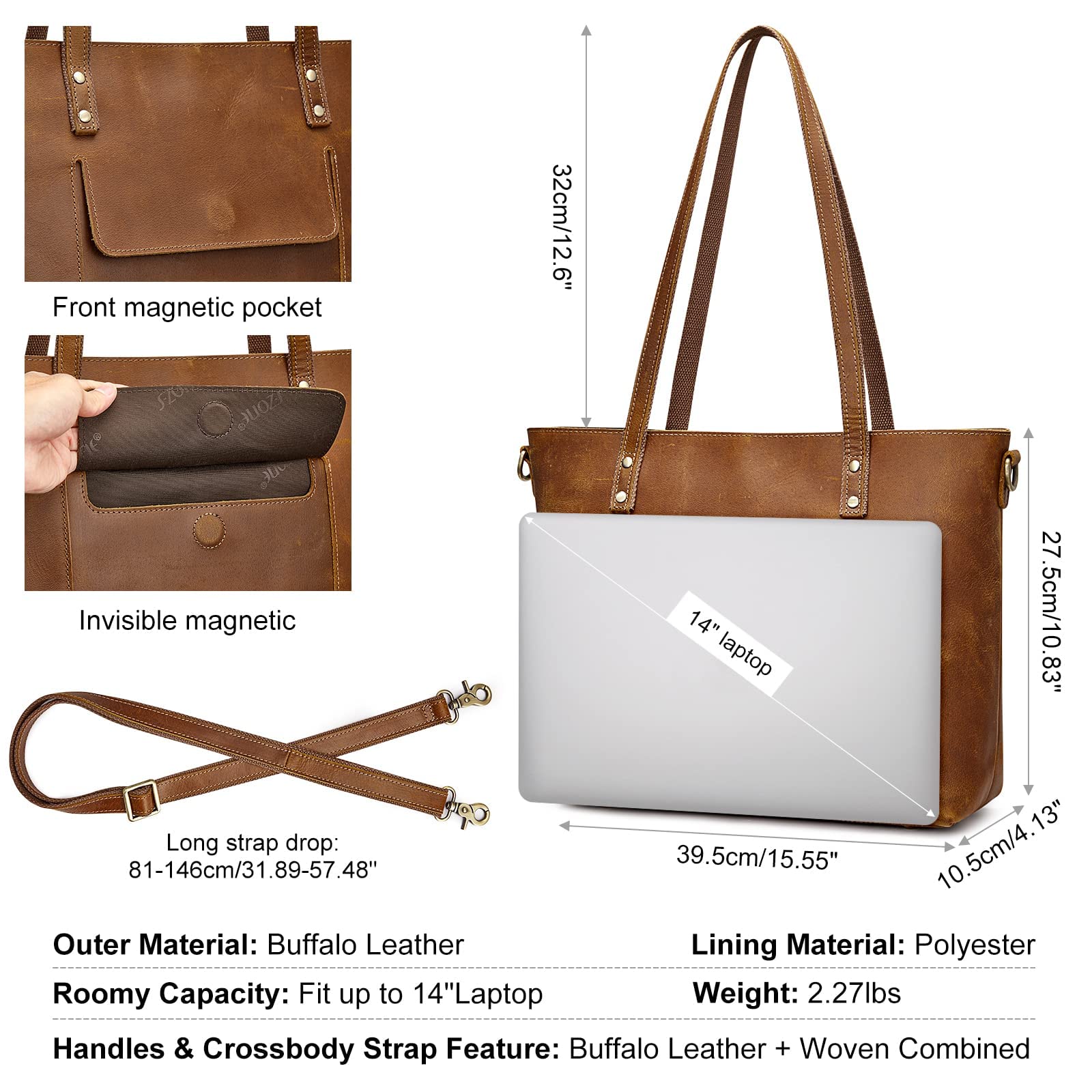 S-ZONE Women Genuine Leather Tote Bag Shoulder Handbag Vintage Crossbody Purse with Clutch Bag