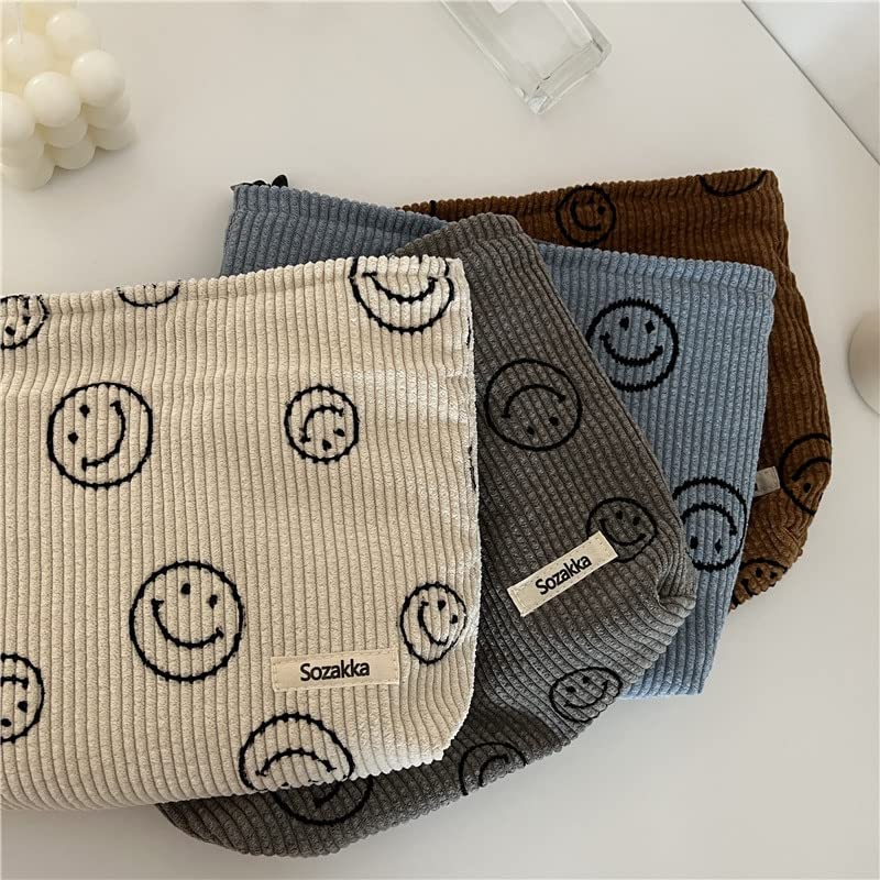 Corduroy Cosmetic Bag for Women Aesthetic Makeup Bag Backpack Purse Organizer Smile Small Make Up Bag (Beige Smile)
