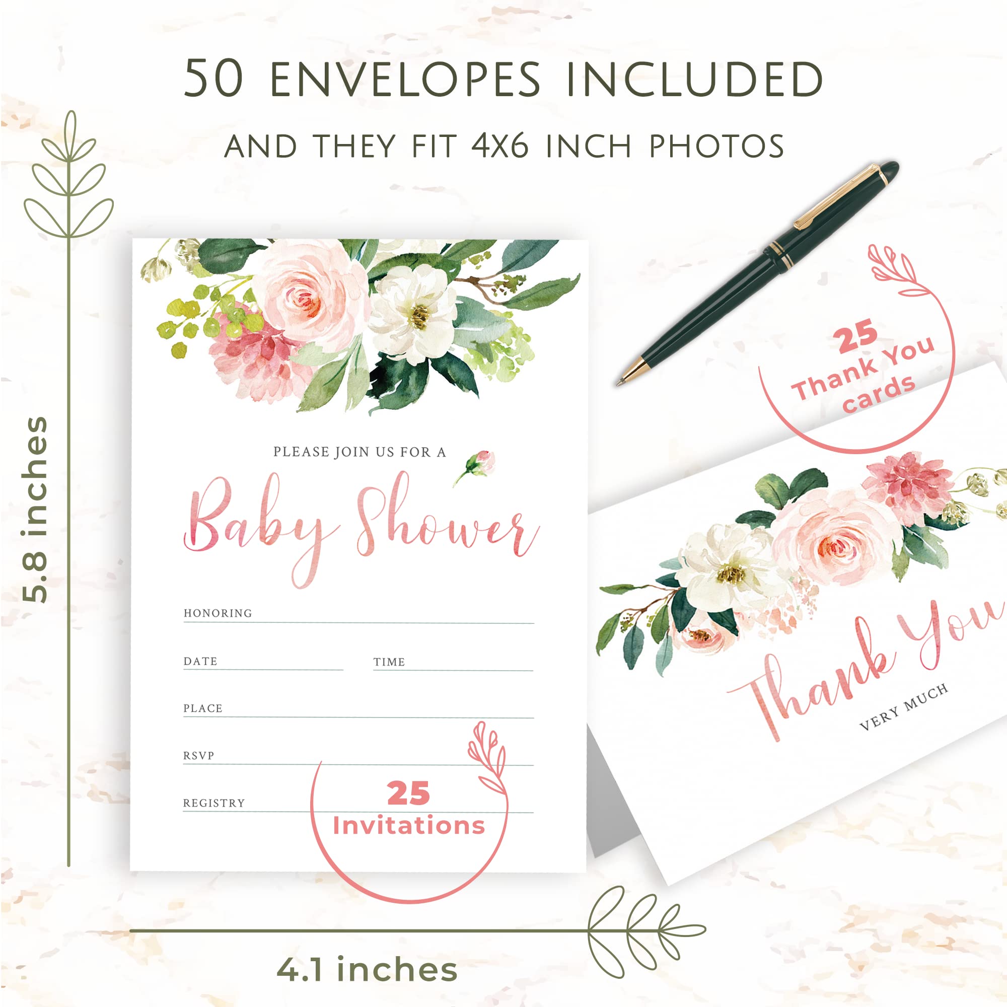 Hat Acrobat Boho Baby Shower Invitations (25pcs) - Pink Floral It's a Girl, Including Envelopes, Diaper Raffle Tickets, Book Request Cards, Thank You Cards