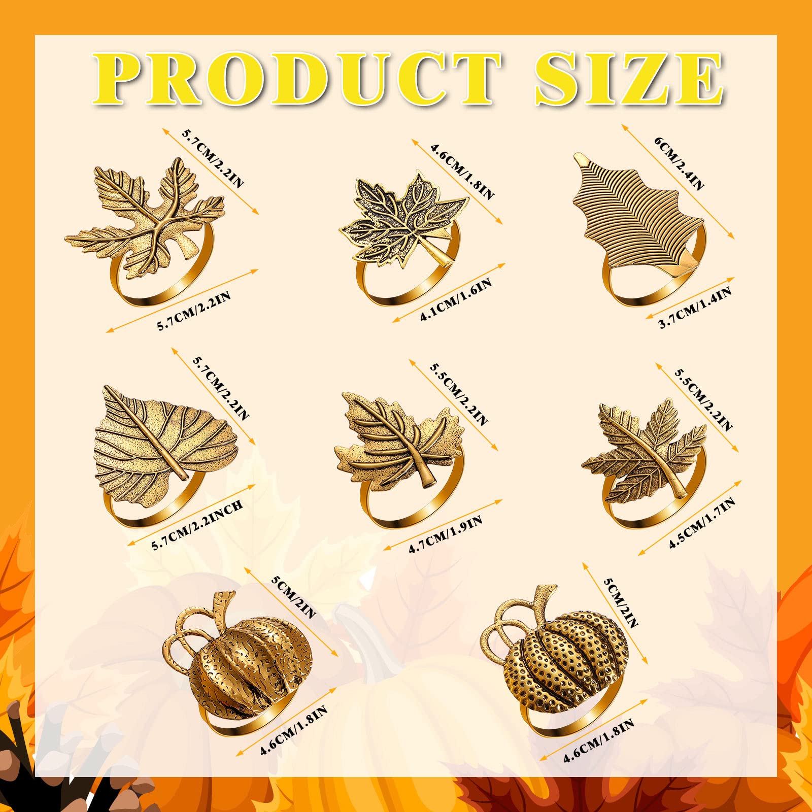 WILLBOND 12 Pcs Thanksgiving Napkin Ring Set Pumpkin Napkin Holders Fall Napkin Rings Fall Leaf Napkin Rings Alloy Napkin Holder Buckle for Halloween Home Party Table Decor Wedding Supplies(Classic)