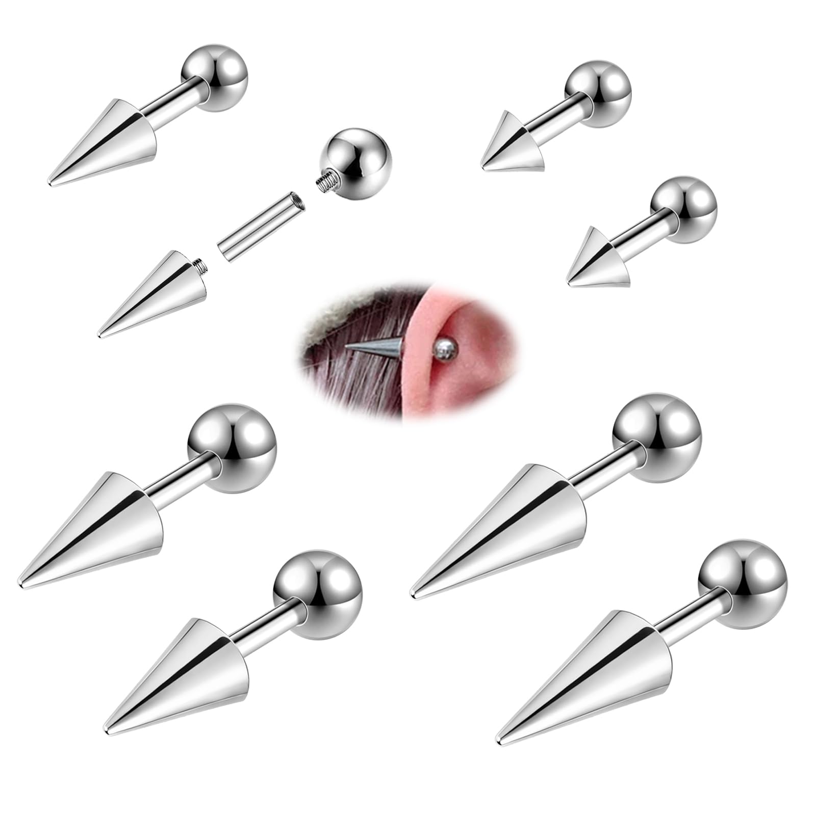 BodyAce Spike Flat Back Earrings Lip Rings, Internal Threaded Spike Helix Tragus Studs 16G 18G Cartilage Earrings, Rook Lobe Lip Piercing Ear Jewelry [A]