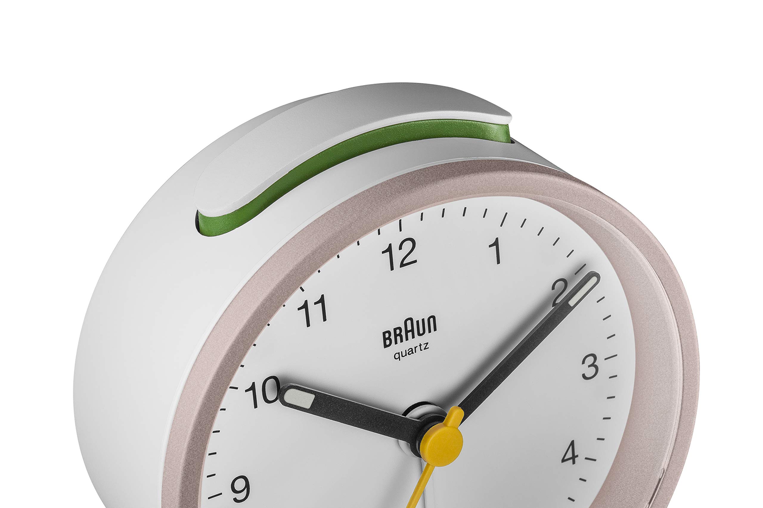Braun Classic Analogue Alarm Clock with Snooze and Light, Quiet Quartz Movement, Crescendo Beep Alarm in White and Rose, Model BC12PW.