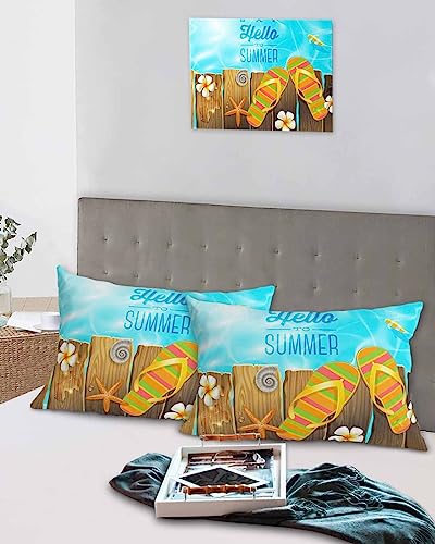 Edwiinsa Hello Summer Pillow Covers King Standard Set of 2 20x36 Bed Pillow, Tropical Ocean Starfish Slippers Spring Floral Plush Soft Comfort for Hair/Skin Cooling Pillowcases with Envelop Closure