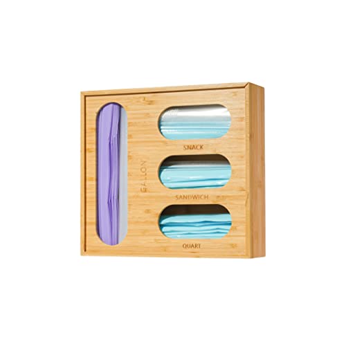 HidzBasics Ziplock Bag Organizer â Bamboo Ziplock Bag Storage Organizer for Gallon, Quart, Sandwich, and Snack Size Food Bags â Baggie Organizer for Kitchen Drawer and Pantry â Wooden Slider Lid