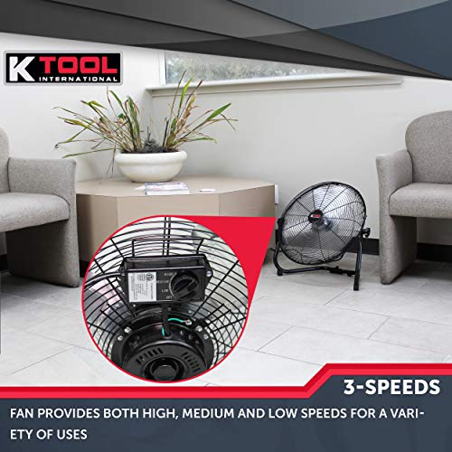 K Tool International 77721; 18” Floor Fan; Commercial, Residential, and Industrial Use, 3 Speed High Velocity Motor, Multiple Angle Tilt for Various Positions, 2,447 Max CFM, 1 Year Warranty, Black