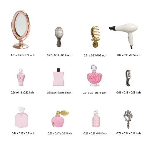 Hiawbon 1/12 Scale Miniature Bathroom Accessories Kit Mini Plastic Hair Dryer Brush Comb Mirror Perfume Bottles Set for Mini House Bedroom Decoration,Set A