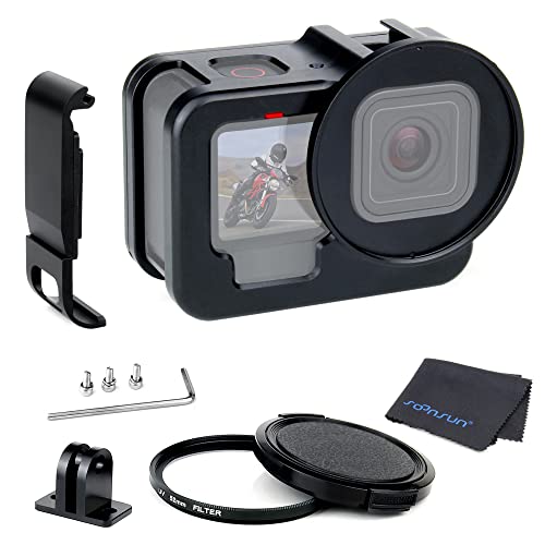 SOONSUN Metal Protective Case for GoPro Hero 11 / Hero 10 / Hero 9 Black, Back Door Housing Frame, Side Open Wire Connectable Video Cage with 52mm UV Filter + Side Door for GoPro Hero 11 10 9 Black